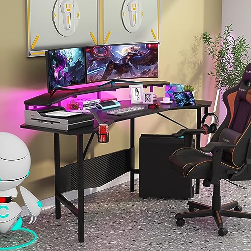 PAKASEPT Gaming Desk with Led Lights, 70.9” Large Wing-Shaped Desk, Carbon Fiber Surface Gaming Table with Monitor Stand, Headphone Hanger & Cup Holder & Dual Slots