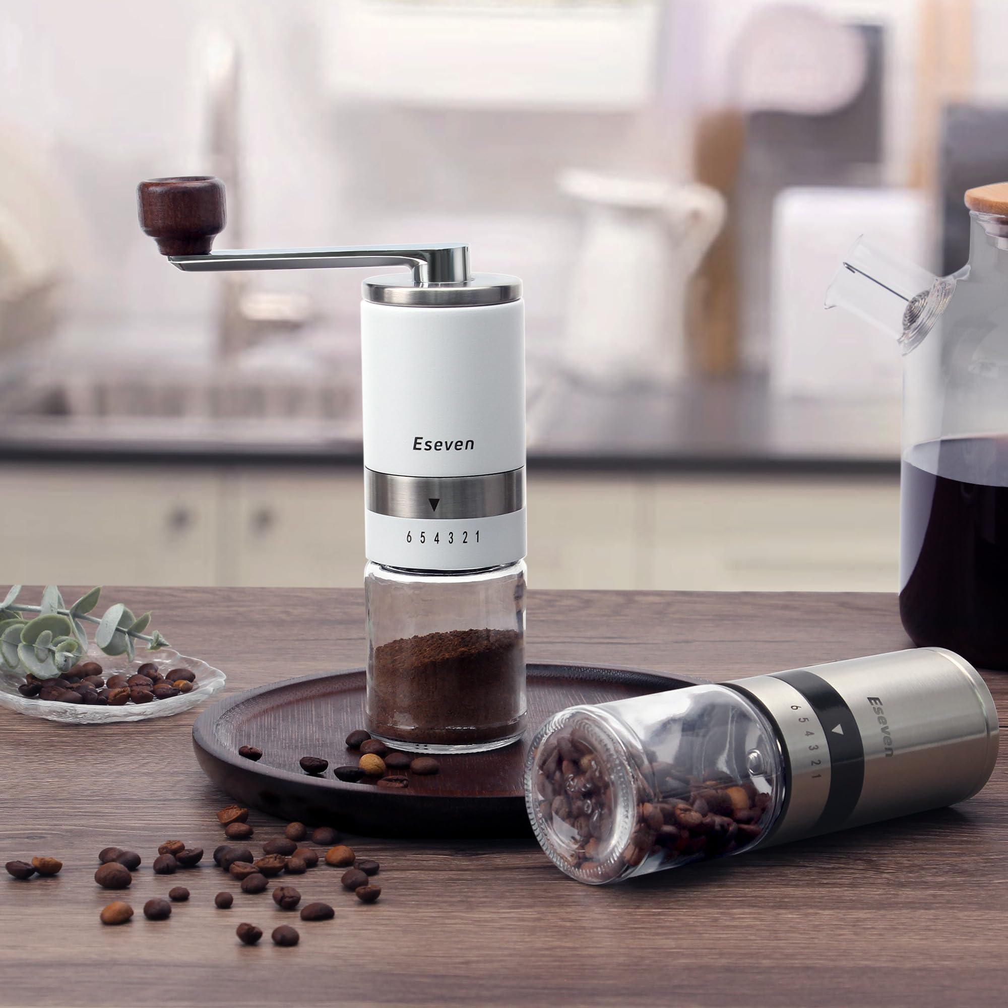 Eseven Manual Coffee Grinder Hand Coffee Grinder with 6 Adjustable Ceramic Burr Grinder Coarseness Settings, Manual Coffee Bean Grinder for Espresso, French Press, Camping & More! (Cream)