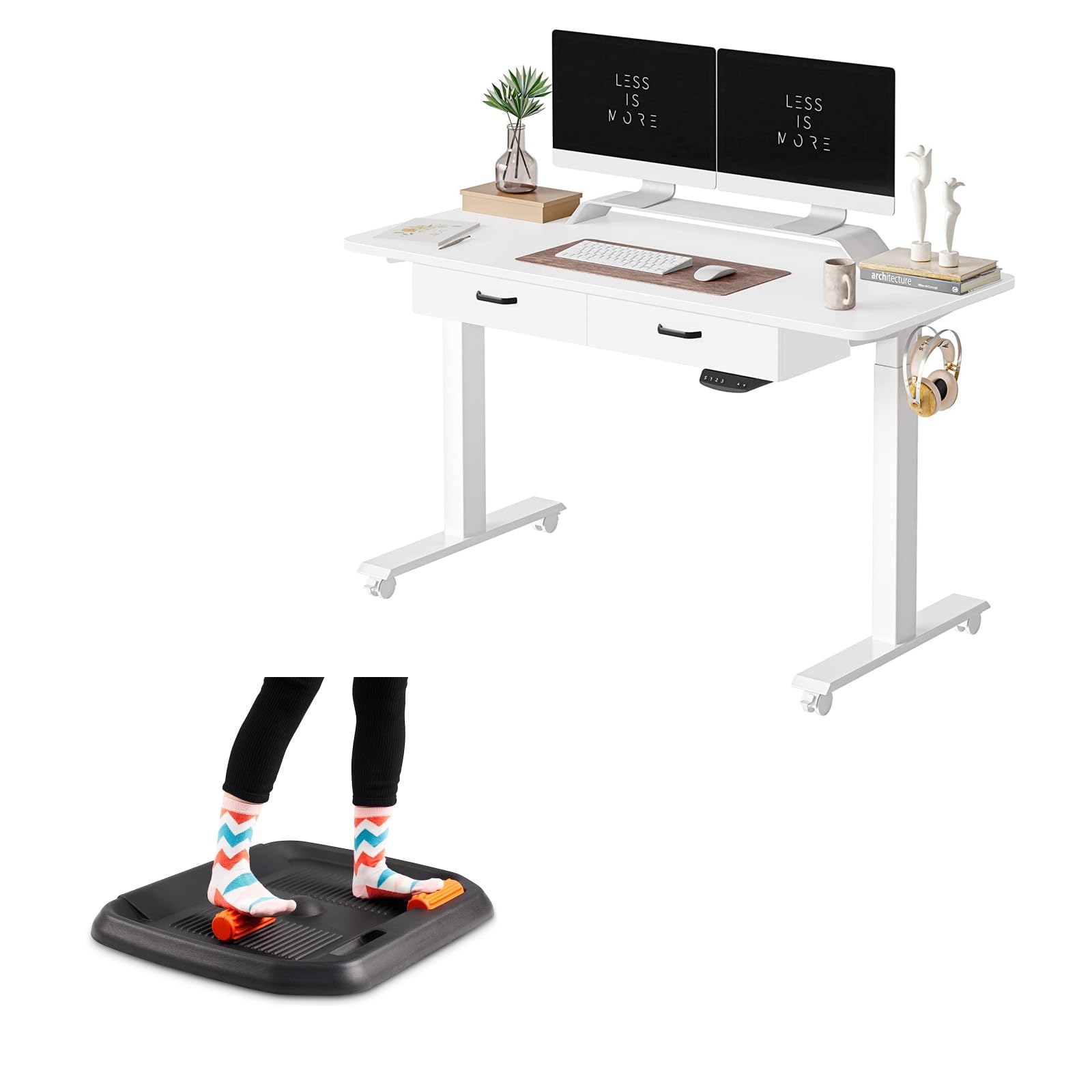 FEZIBO Height Adjustable Desk with 2 Drawers Storage and Anti Fatigue Mat