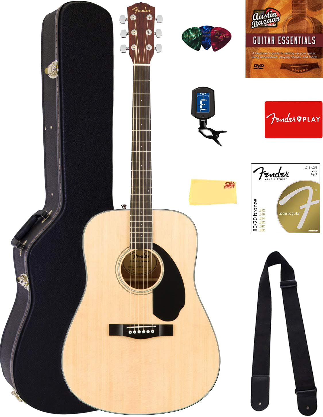 Fender CD-60S Solid Top Dreadnought Acoustic Guitar - Natural Bundle with Hard Case, Tuner, Strap, Strings, Picks, Polishing Cloth, and Austin Bazaar Instructional DVD