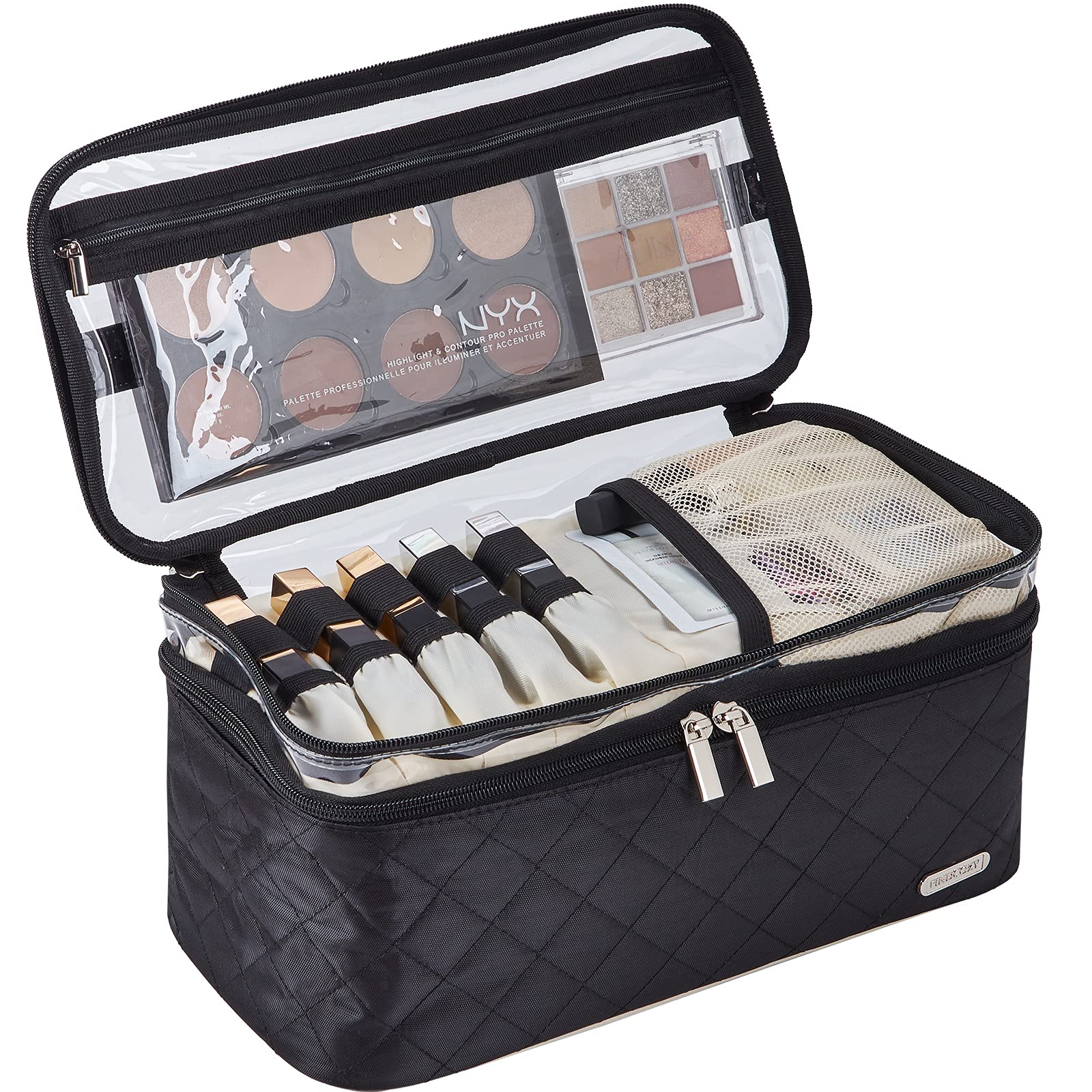 FINDCOZY Double Layer Makeup Bag, Large Cosmetic Case for Women, Make Up Organizer for Brushes, Beauty, Eyeshadow Palette, Lipstick (Black, Clear top)