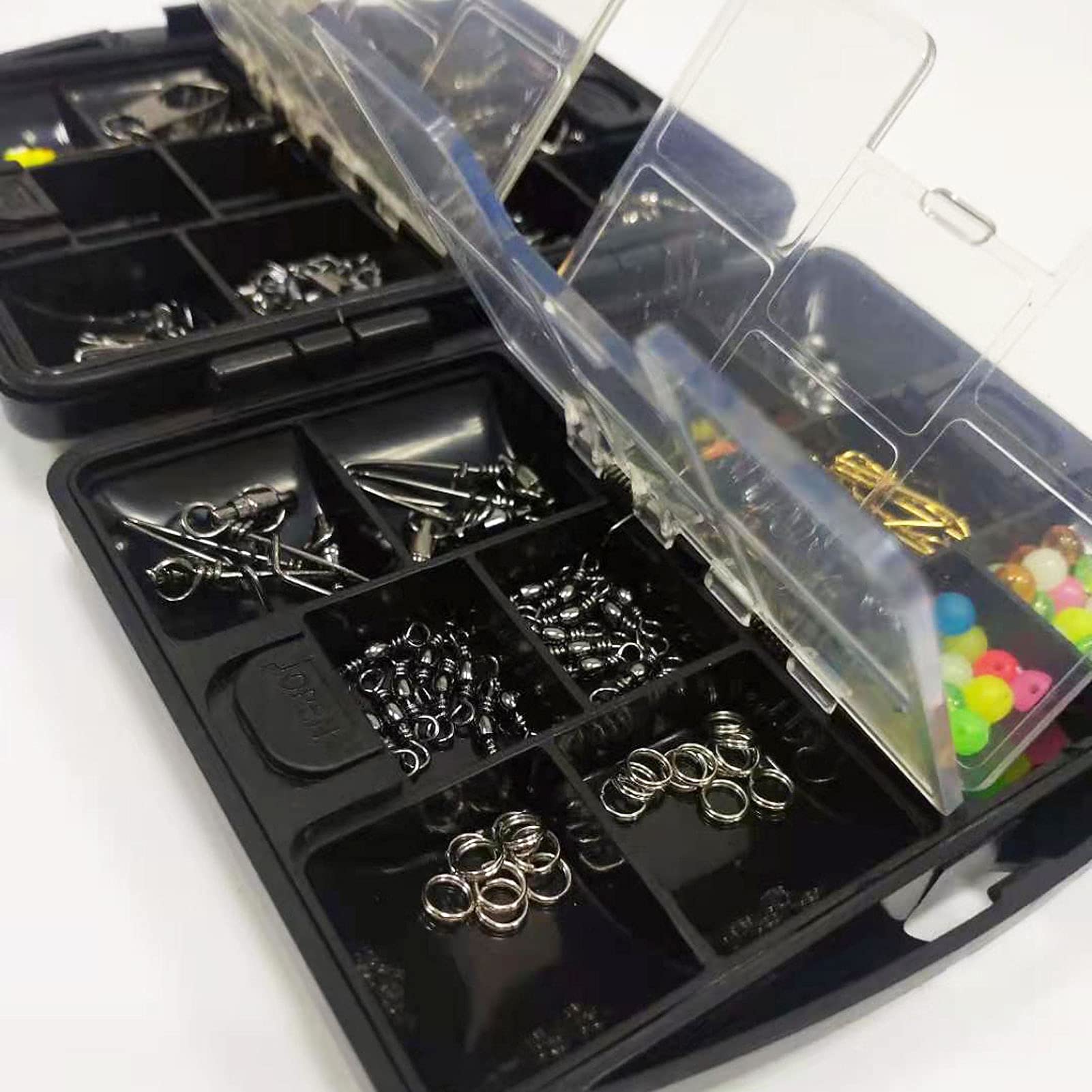 Fishing Terminal Tackle Box - Fishing Baitholder Hooks, Drop Shot Weights,Fishing Bobbers,Fishing Stoppers, Sinker Slides, Double Barrel Crimps,Three Way swivels,Fishing Beads