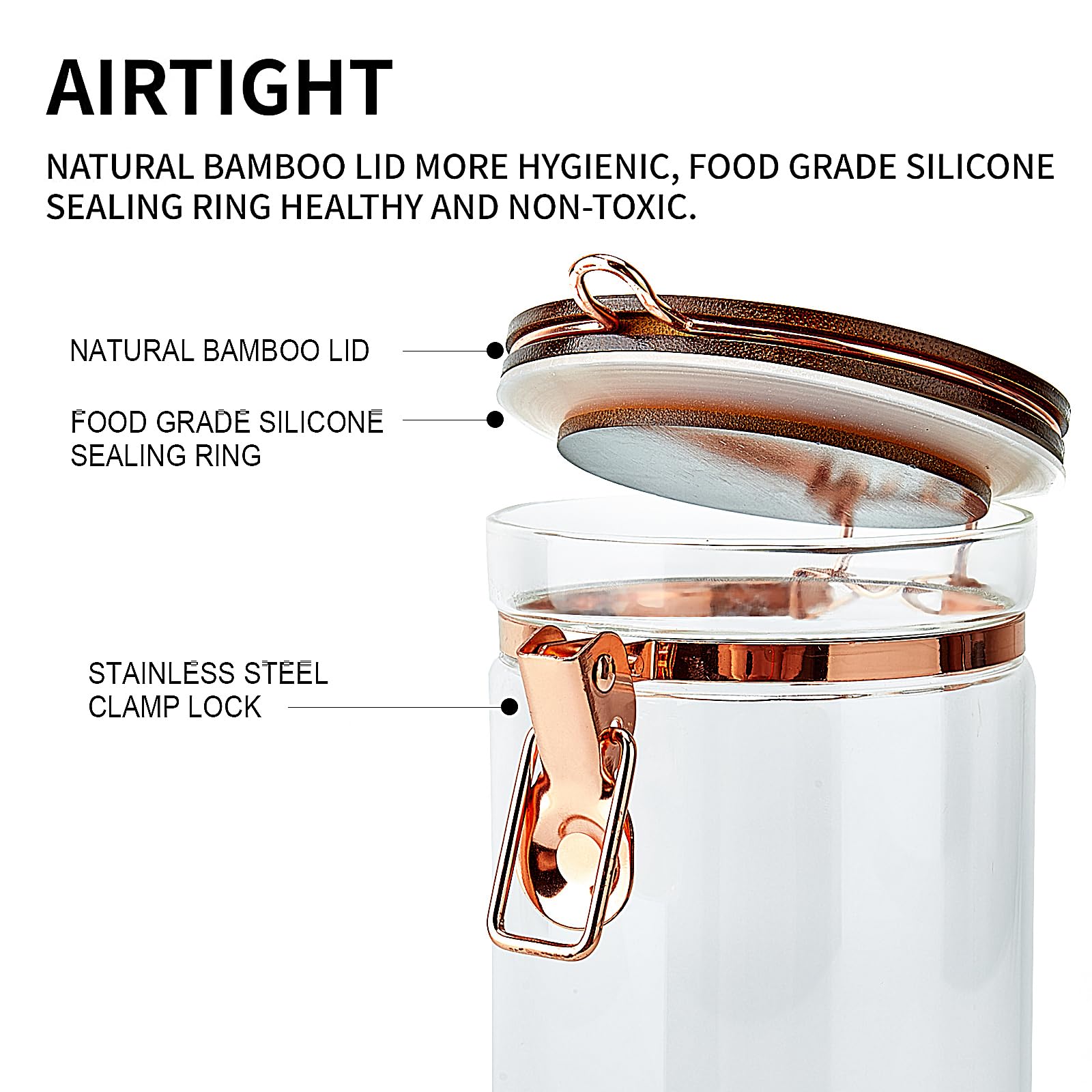 SIQOLNY Glass Coffee Container with Wooden Shelf, 2 x 40 FLOZ Coffee Bean Storage with Sealed Closure Clips and Copper Spoon, Kitchen Large Capacity Food Storage Jar, Ground Coffee Container