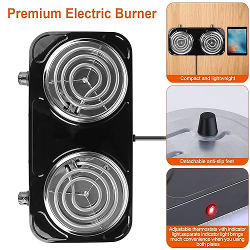 Hot Plate, 2000W Portable Electric Double Coil Burner with Dual Control & 5 Level Temperature Control, Easy to Clean, Lightweight Stainless Steel Countertop Stove for Kitchen Dorm Camping,110V