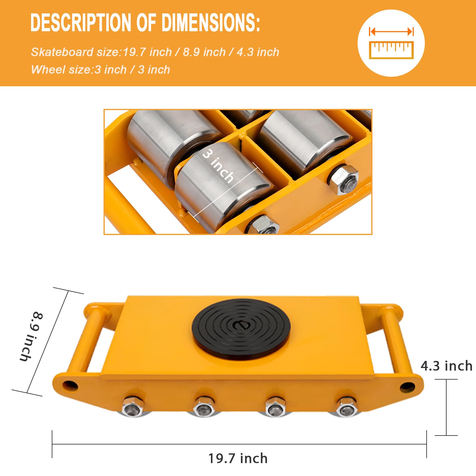 FAHKNS Machine Skates 26400 LBS, 360° Rotation Disc Machinery Moving Skate with 8 Steel Rollers, Heavy Duty Industrial Machinery Mover Skate for Warehouse, Workshop Moving Equipment, Yellow
