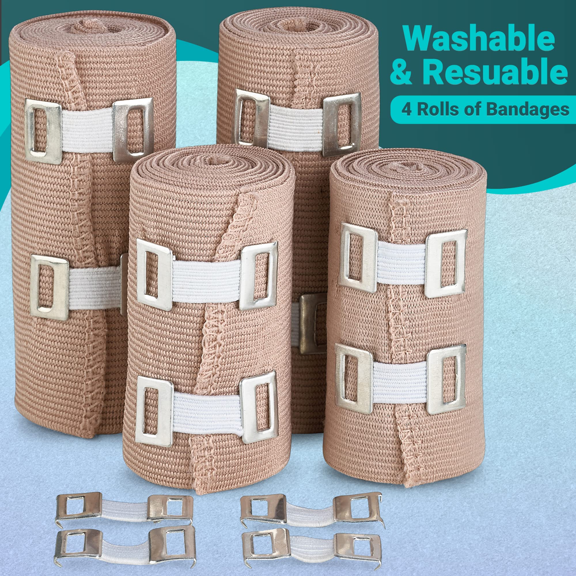 Elastic Compression Bandage Wrap - Premium Quality (Set of 4) w/ Hooks, Athletic Sport Support Tape Rolls for Ankle, Wrist, Arm, Leg Sprains First Aid Bandages Measure (2)- 4" x 5 Ft (2)- 3" x 5 Ft
