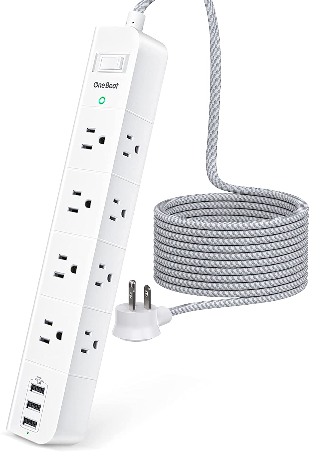 Power Strip Surge Protector - 8 Widely AC Outlets 3 USB, 5 ft Extension Cord, Flat Plug, Desktop Charging Station with Overload Protection, Wall Mount for Home, Office, Travel, Computer ETL Listed
