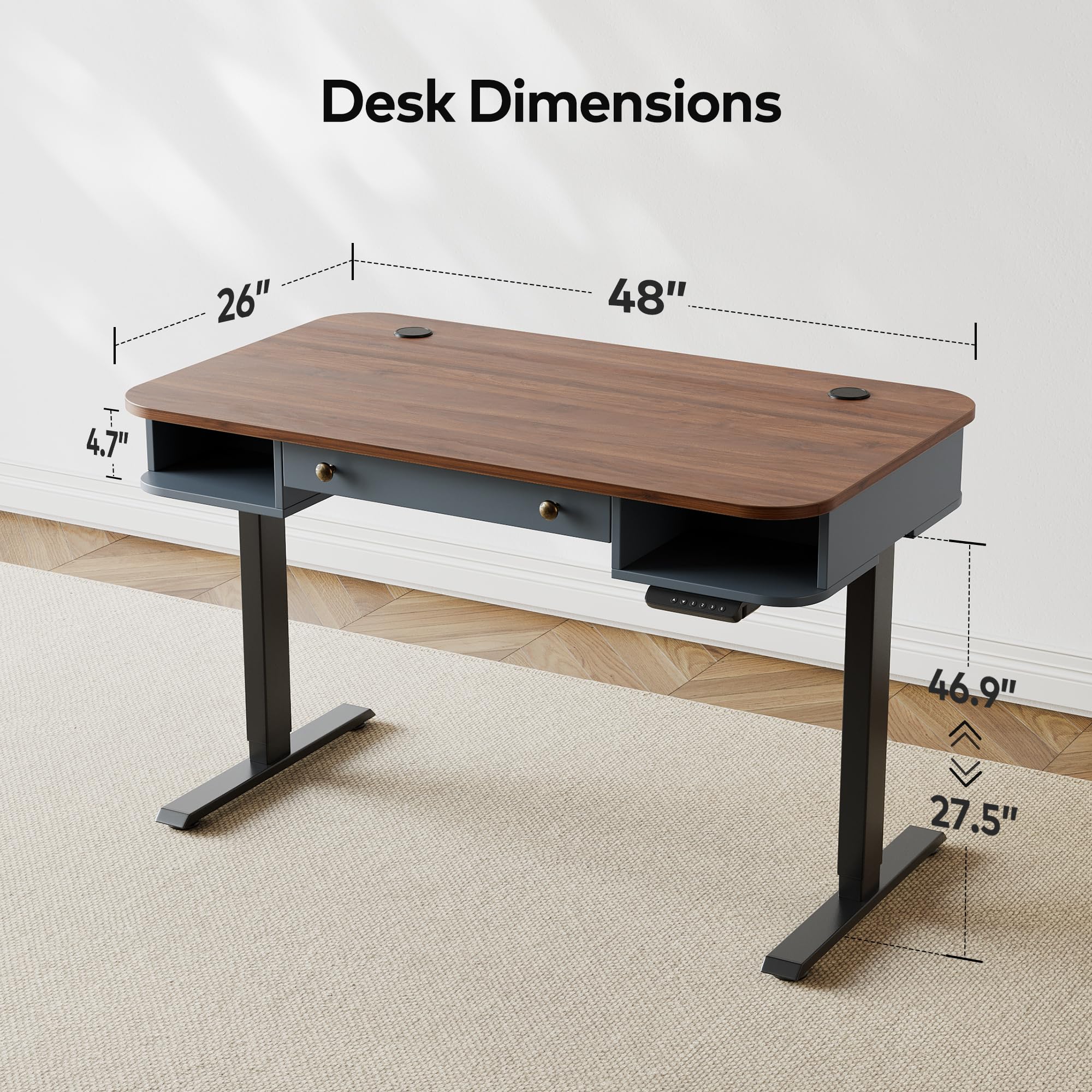 FEZIBO Whole Piece Mid Century Modern Electric Standing Desk with Drawer and Open Storage, 48 x 24 Inches Sit Stand Home Office Desk, Haze Blue Walnut(2 Packages)