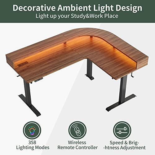FEZIBO Triple Motor L Shaped Stadning Desk with LED Strip & Power Outrlets,63 inches Height Adjustable Stand up Corner Desk with Ergonomic Monitor Stand, Black Frame/Black Walnut Top