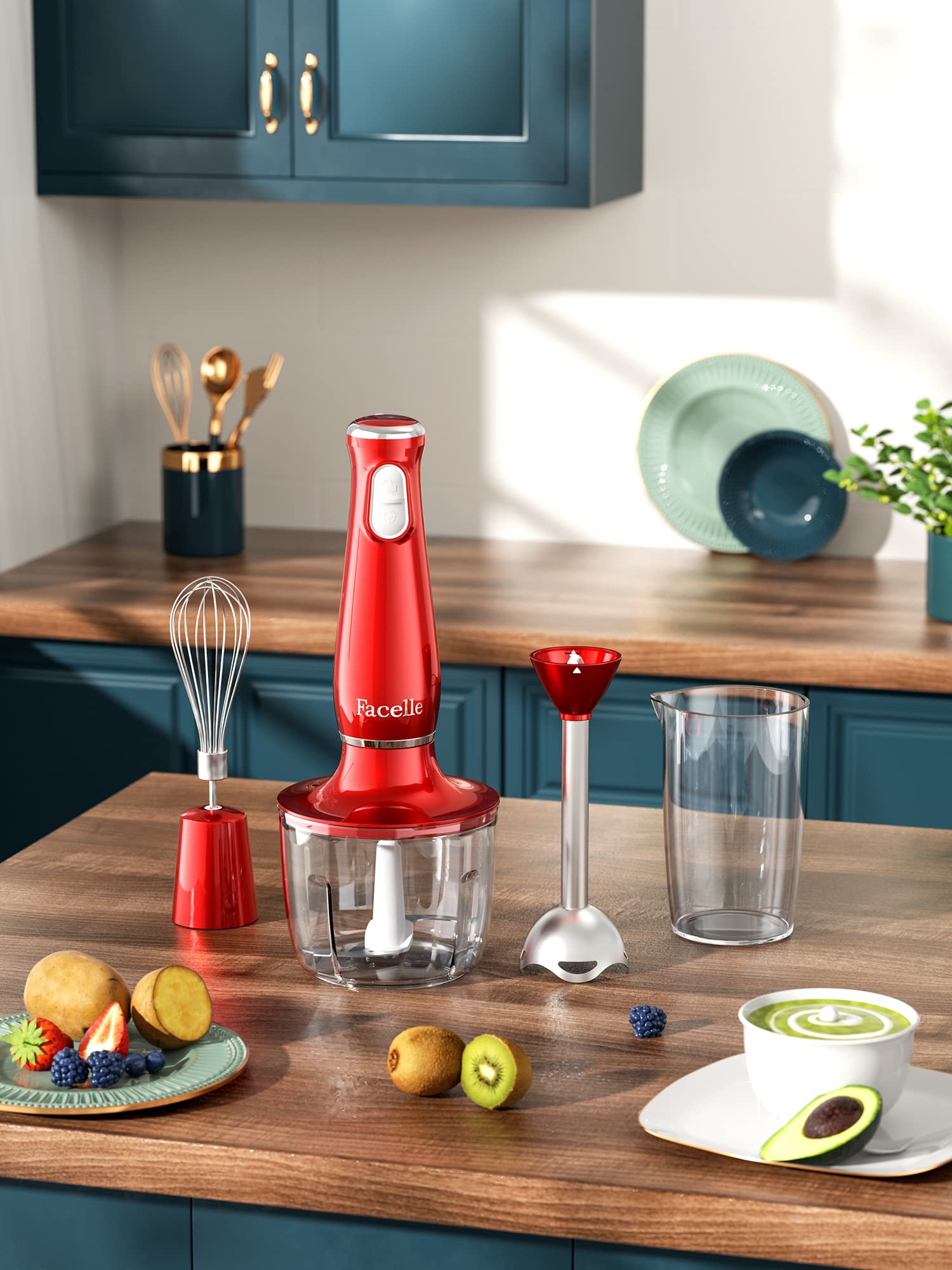 Facelle Hand Blender 1000W, 4-In-1 Immersion Electric Handheld Blender, Stick Blender Set with Chopper, Beaker, Whisk for Smoothie, Baby Food, Sauces Red, Puree, Soup