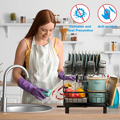 YGEOMER Large Dish Drying Rack, 2-Tier Dish Racks for Kitchen Counter, Detachable Dish Drainers with Utensil Holder, Kitchen Gadgets with Drainboard & Cup Holders, Black