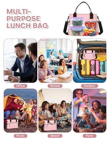 ESMNOAN 13L Large Insulated Lunch Bag, Leak Proof Lunch Box for Women with Bottle Holder & Adjustable Shoulder Strap, Lunch Cooler Bag for Work Picnic Beach, Pink