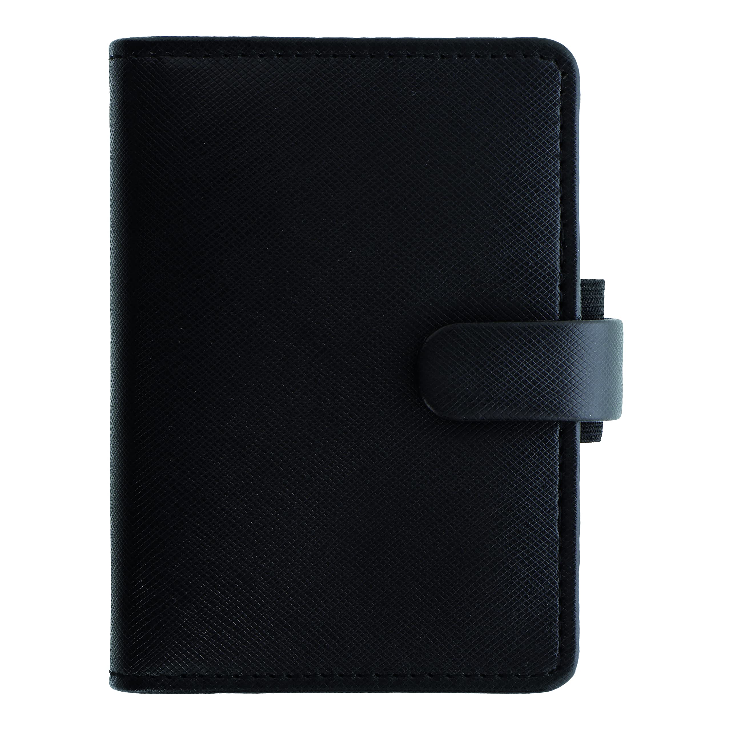 Filofax Saffiano Organizer, Mini Size, Black - Cross-Grain, Leather-Look, Five Rings, Week-to-View Calendar Diary, Multilingual, 2022 (C028771-22)