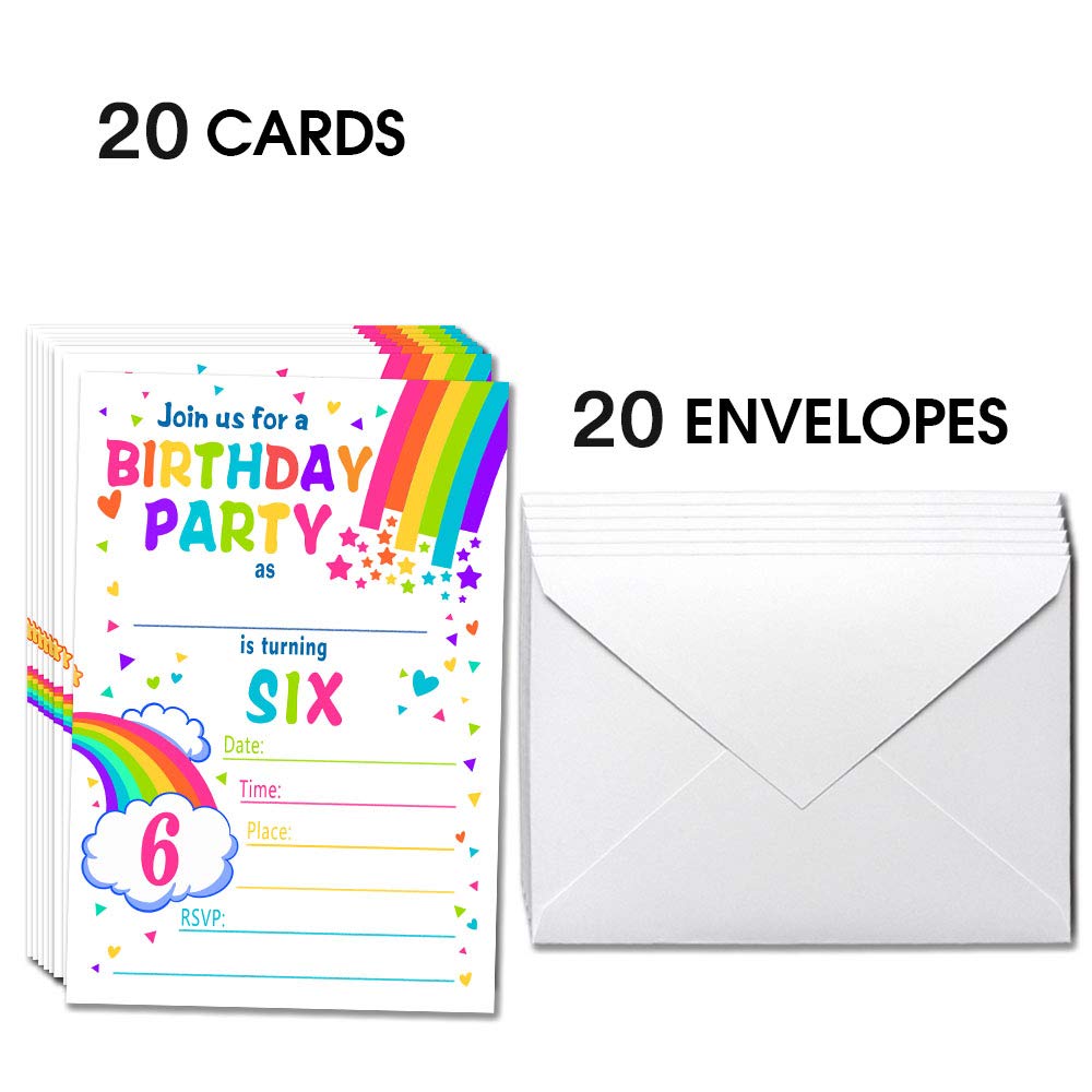 ukebobo Rainbow Happy Birthday Party Invitations for Child’s 6th Birthday Party – Colorful Invitation with Envelopes for Kids 6th Birthday Party – 20 Cards With Envelopes