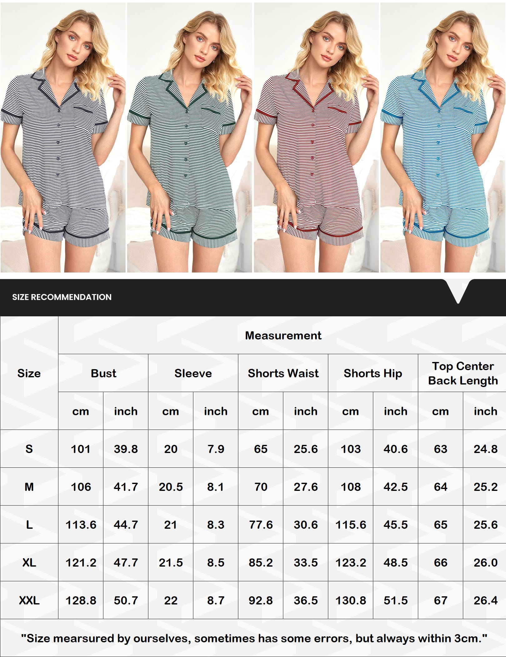 Ekouaer Women's Pajamas Sleepwear Shirt and Short Button-Down Pj Set Two Piece Sets Dark Blue Stripes Medium