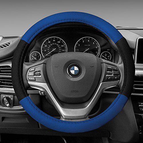 FH Group Light & Breezy Cloth Full Set Car Seat Covers (Blue/Black) Combo Set: Steering Wheel Cover, Seat Belt Pads and Black Vinyl Floor Mats β Universal Fit for Cars Trucks & SUVs