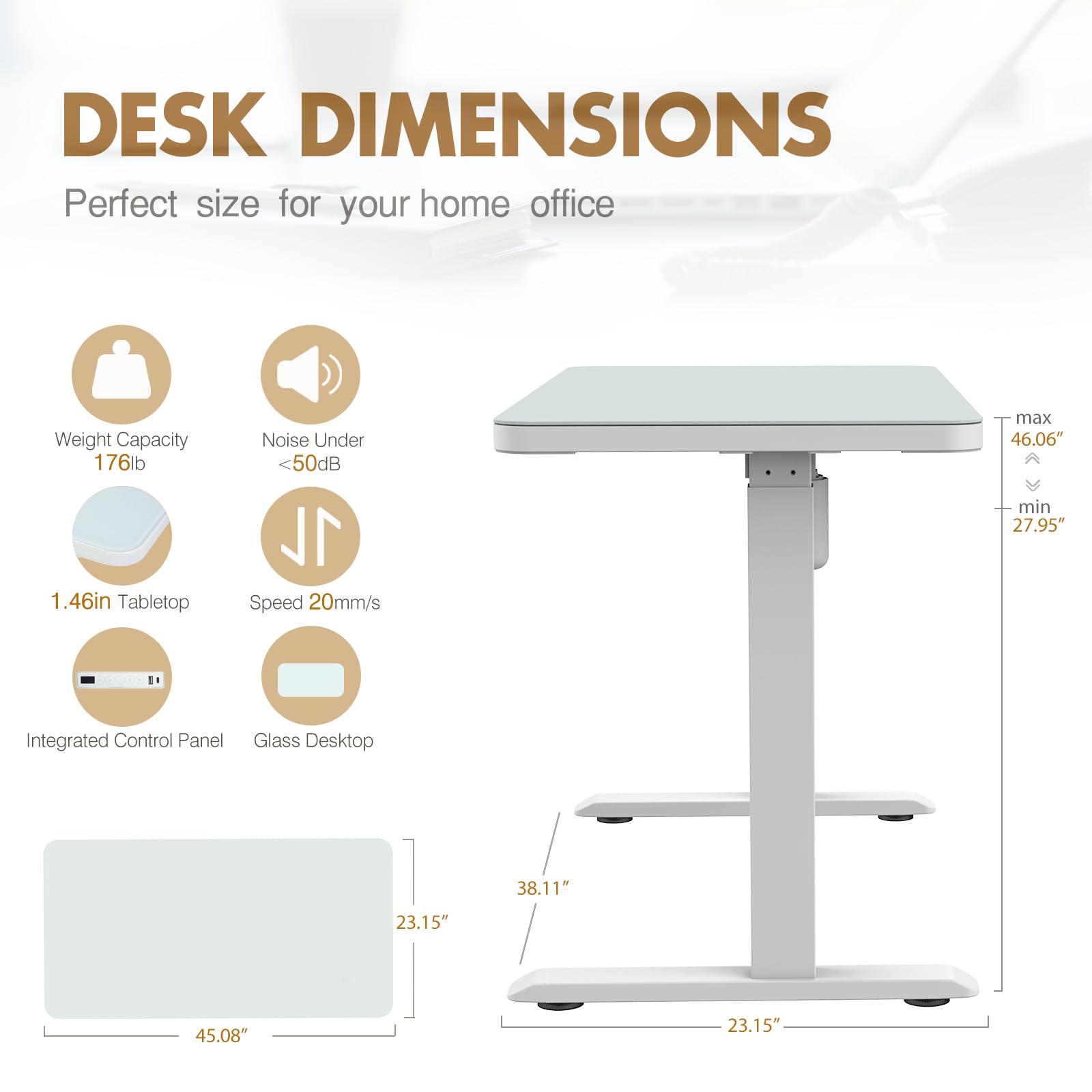 ERGOMORE Glass Standing Desk with Drawer - 45 x 23 Inches Adjustable Height Desk with Memory Preset & USB Ports, Sit Stand Desk for Home and Office (White)