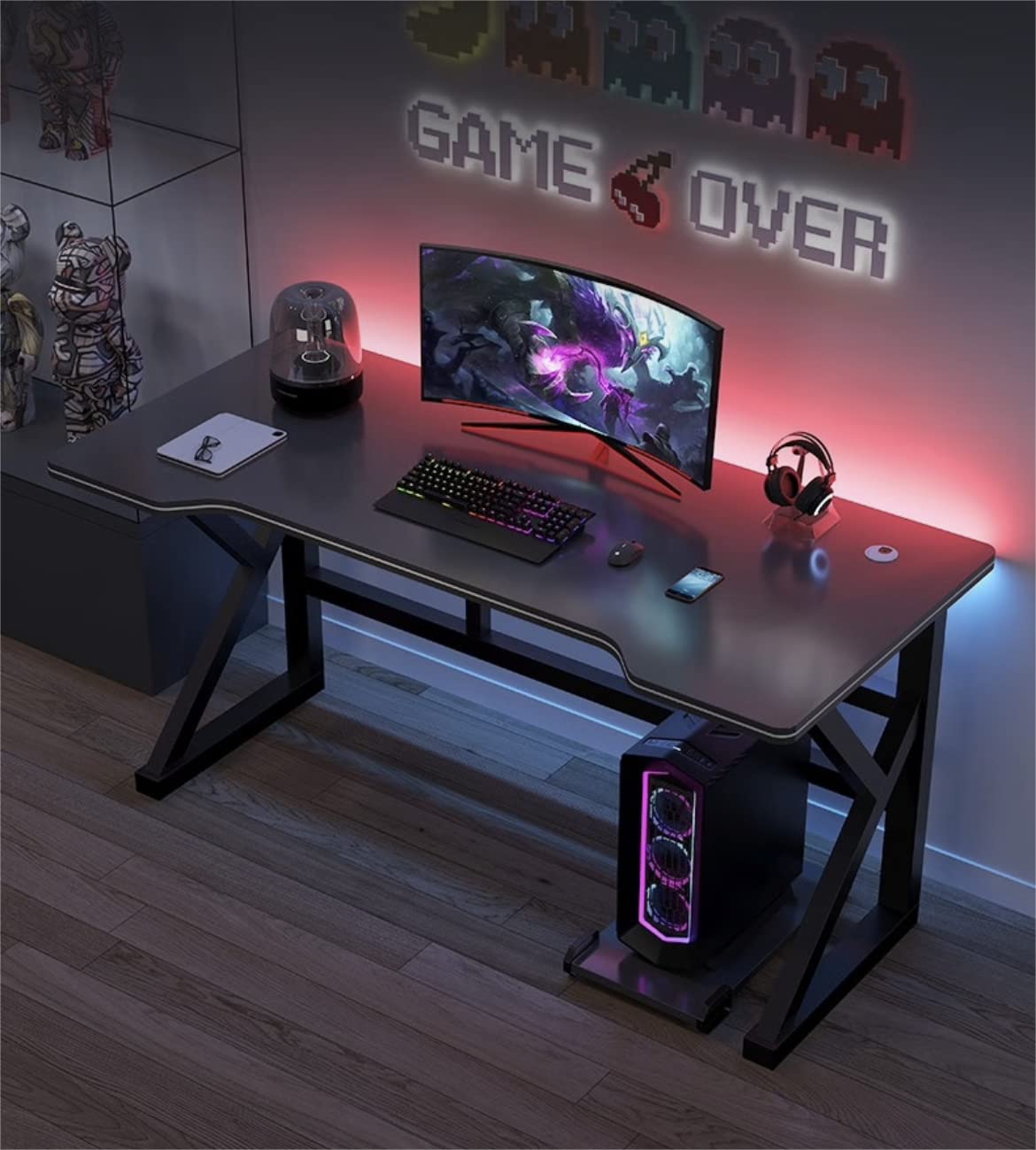 Finghin Simple Gaming Desk K Shaped Gamer Workstation, Home Computer Carbon Fiber Surface Gaming Desk PC Table-X