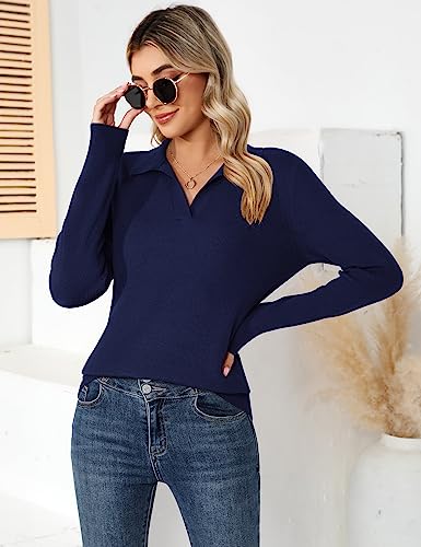 Romanstii Women's Knitted Polo Sweaters Long Sleeve V Neck Collared Shirts Winter Pullover Tops,Navy Blue,L