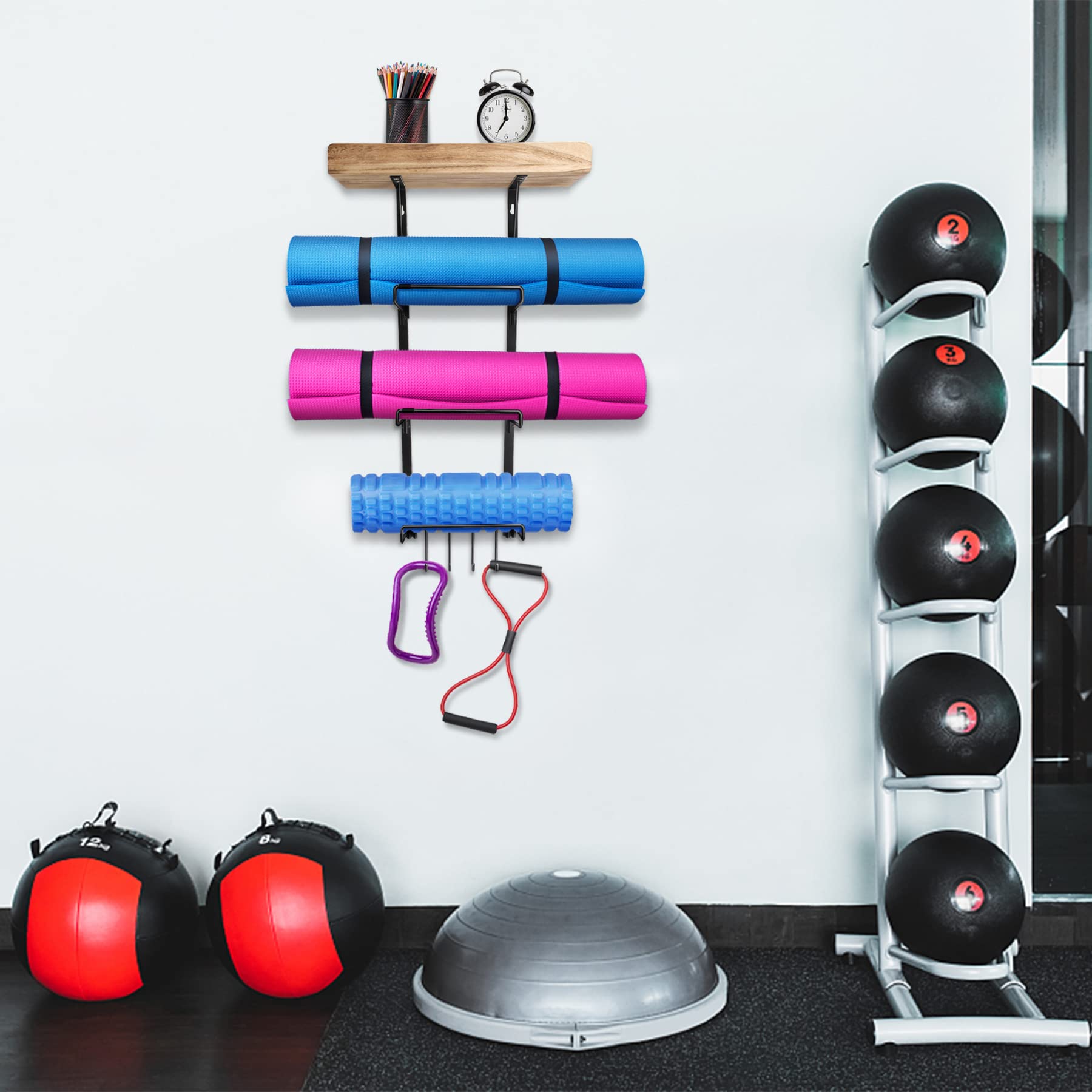 FIRJOY Wall Mount Yoga Mat Holder & Foam Roller Rack with Hooks and Shelf for Yoga Mat, Foam Roller Storage, Home Gym Accessories Organization