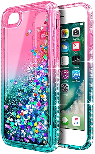 NGB Supremacy Compatible for iPhone 5/5S/iPhone SE (2016 Edition) Case with Tempered Glass Screen Protector, Ring Holder/Wrist Strap, Girls Women Kids Sparkle Glitter Liquid Cute Case (Pink/Aqua)
