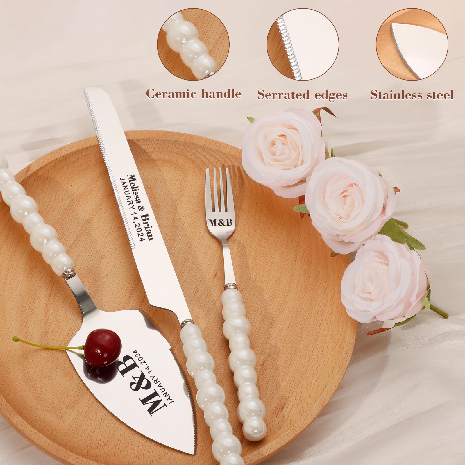 TUKDAK Pearl Wedding Cake Knife and Server Set with Forks, Cake Cutting Set with Stainless Steel Serrated Edges, Silver Pie Cutter Pizza Spatula, Gift for Bridal Couples Engagement (pearl 4pcs)