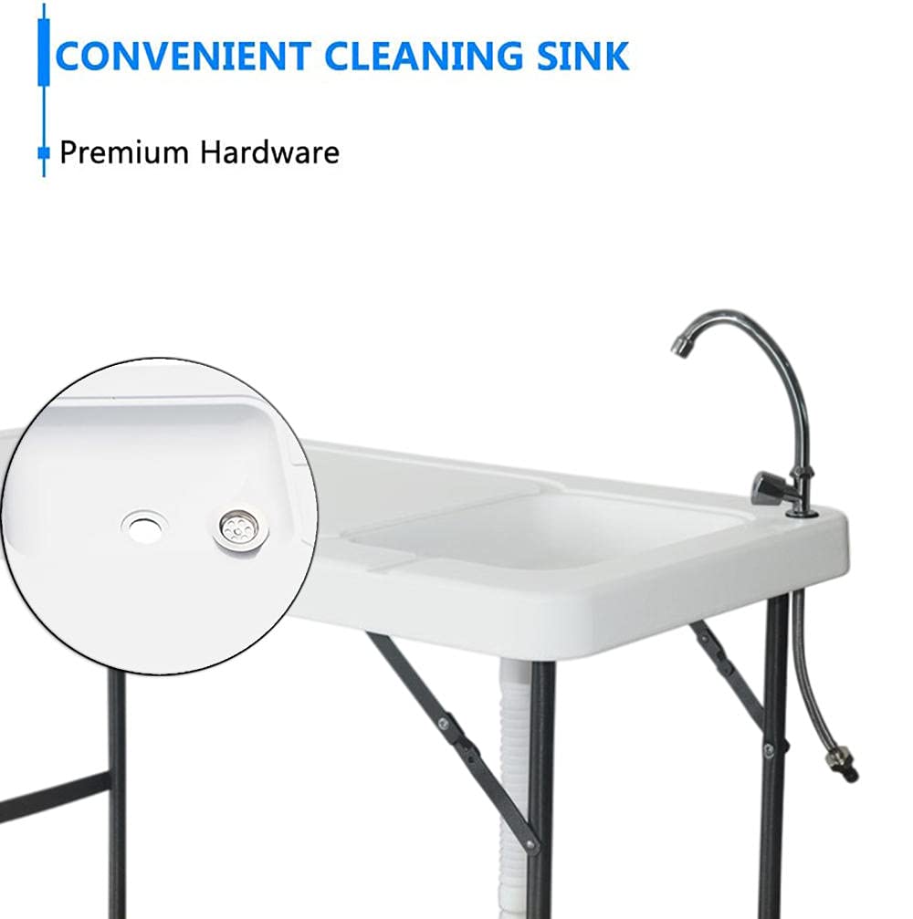 Fish Cleaning Table with Sink and Sprayer Camping Sink Table Portable Folding Camping Table Fish Fillet Hunting Cleaning Cutting Table Outdoor Gardening' Removable Picnic Table-White (with Sprayer)