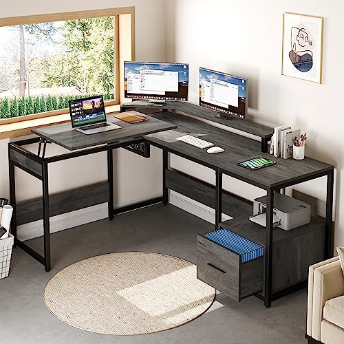 YITAHOME L Shaped Desk with File Drawer, 65" Large Computer Desk Corner Desk with Lift Top, Standing Desk Height Adjustable with Monitor Stand & Storage Shelves for Home Office, Grey