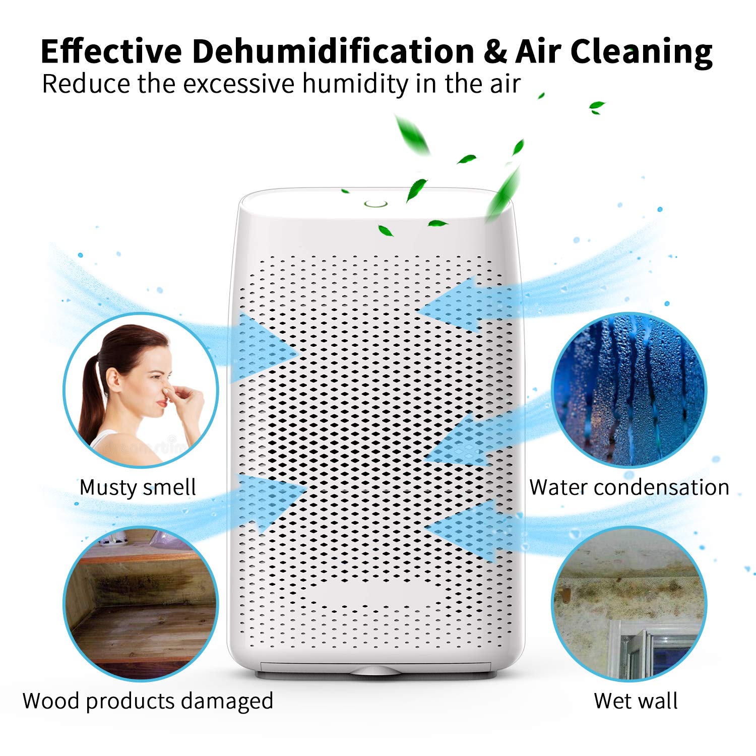 Electric Dehumidifier, Mini Dehumidifier, 2200 Cubic Feet, Compact and Portable for Moisture, Dust in Home Bedroom Bathroom Kitchen Basement Caravan Office Garage (White)