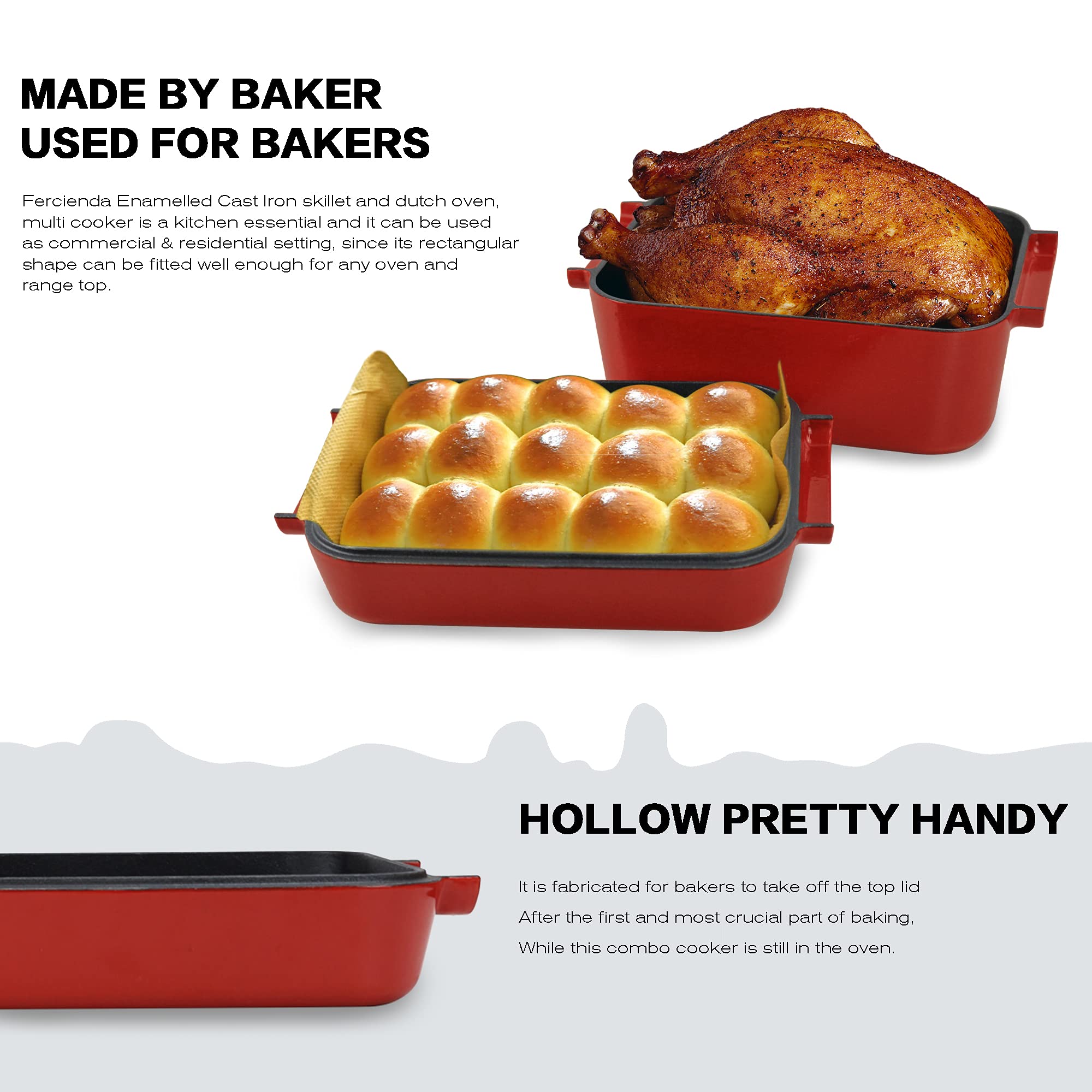 Fercienda 2 in 1 Enameled Cast Iron Pan, 3.5 Quart Double Dutch Oven Set and Rectangle 1.8 Quart Skillet Lid, Use as Loaf Pan or Bread Pan,Cherry