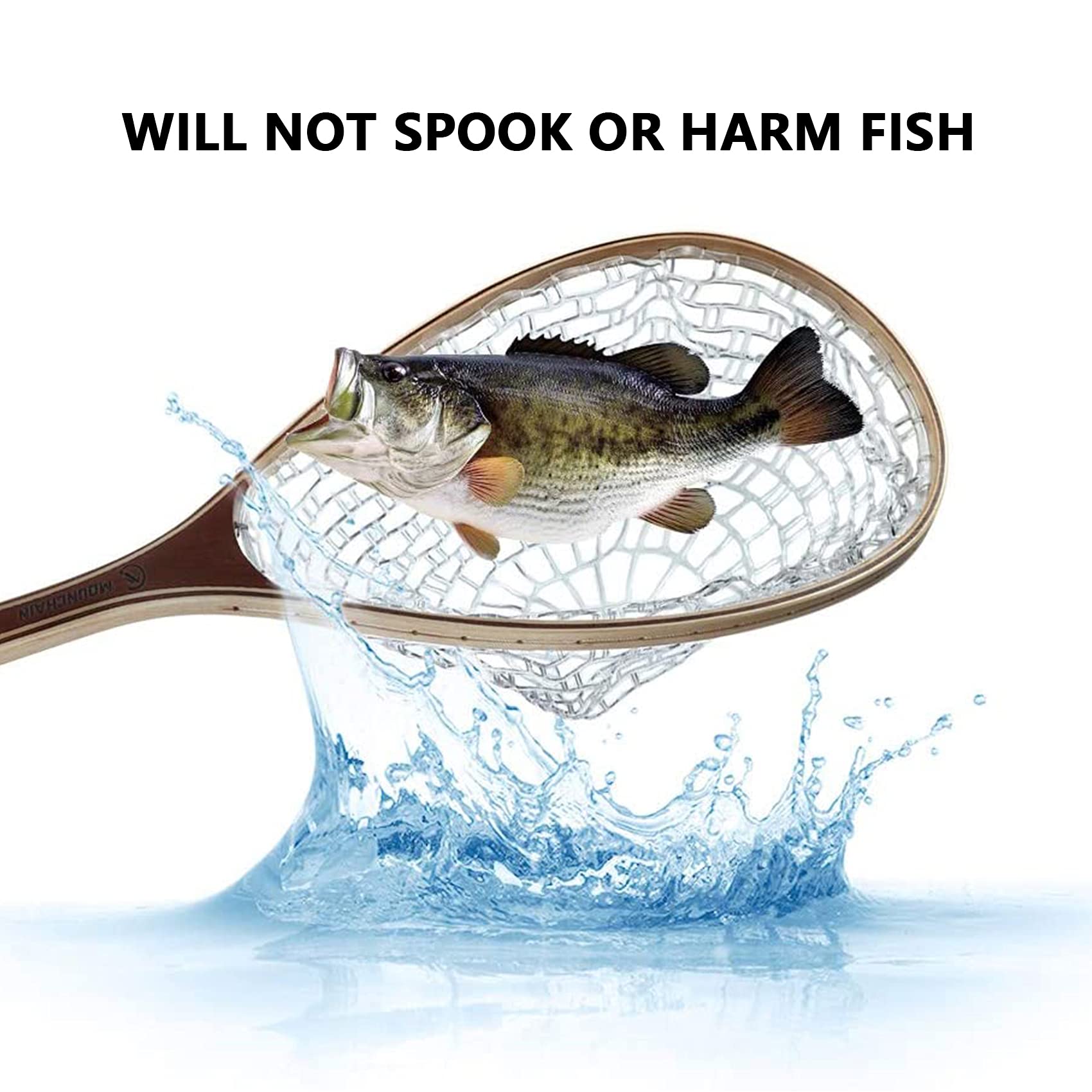 FISHARE Fly Fishing Landing Net, Wooden Frame Fish Net with Clear Soft Rubber Mesh for Trout Fishing Catch and Release