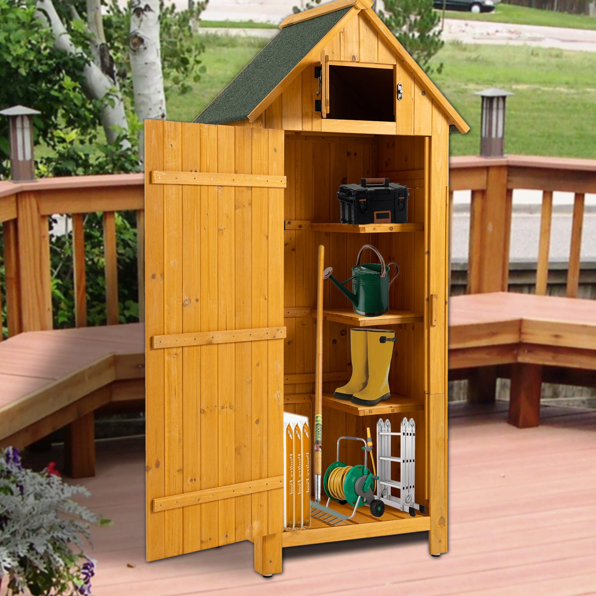 Tmsan Outdoor Storage Cabinet, Small Vertical Tool Shed, Waterproof Wood Box for Patio, Garden, Backyard, Natural
