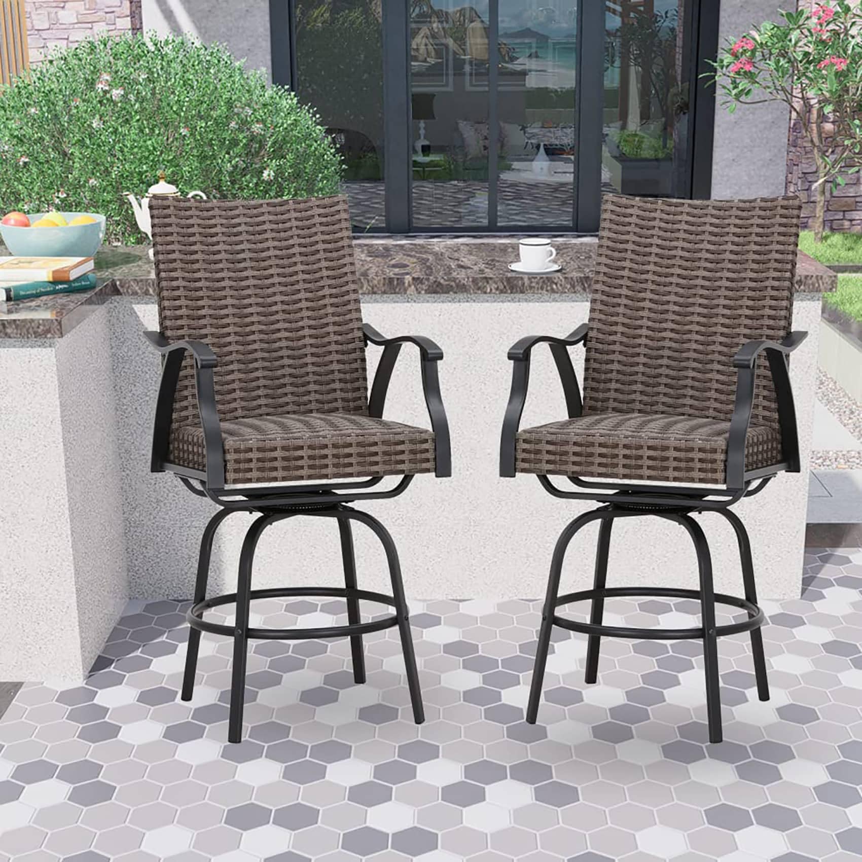 TOP HOME SPACE Patio Bar Stools High Back Outdoor Swivel Bar Height Stool Wicker Chairs Set of 2 with Built-in Cushion Metal Frame for Deck Porch Backyard