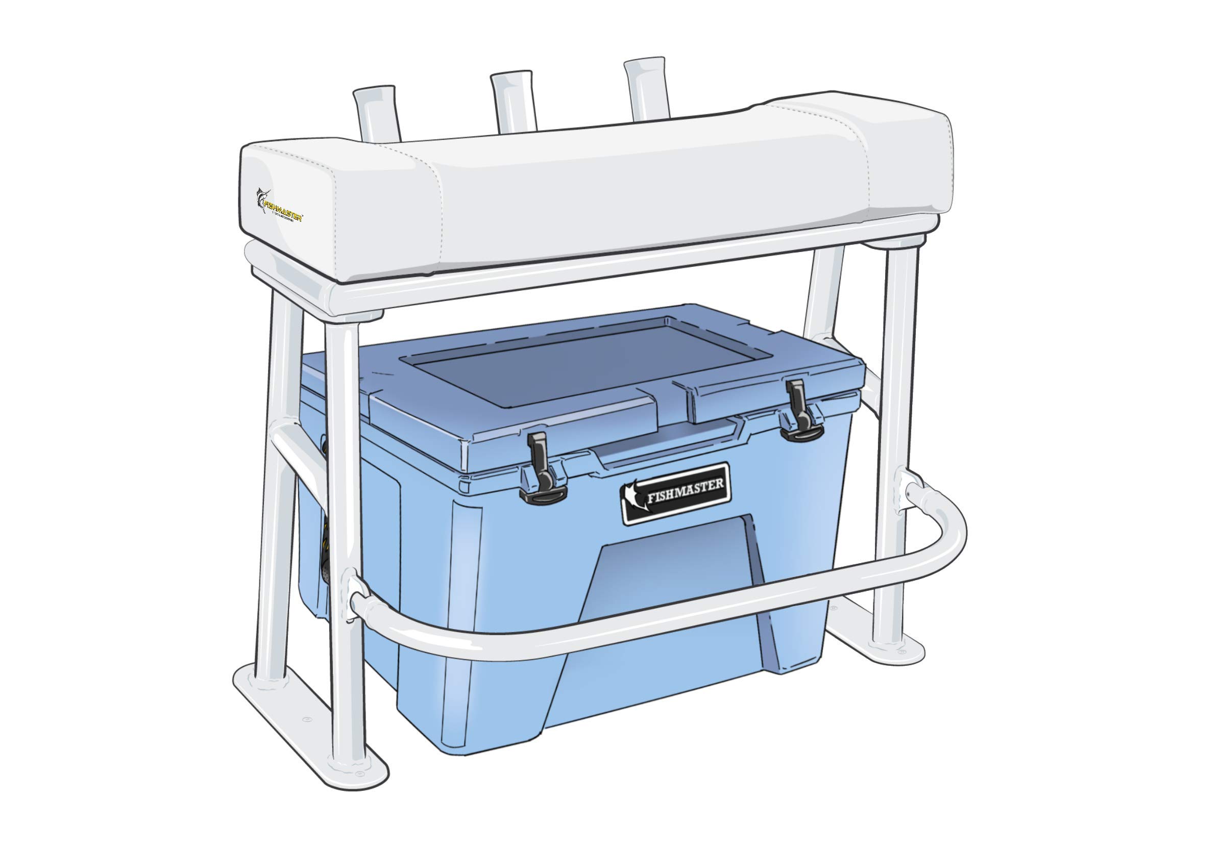 Fishmaster Original Leaning Post for Center Console Fishing Boats β Three Rocket Launcher Rod Holders, Rectractable Footrest, Flow Through Foam β White Upholstery/White Powder Coat