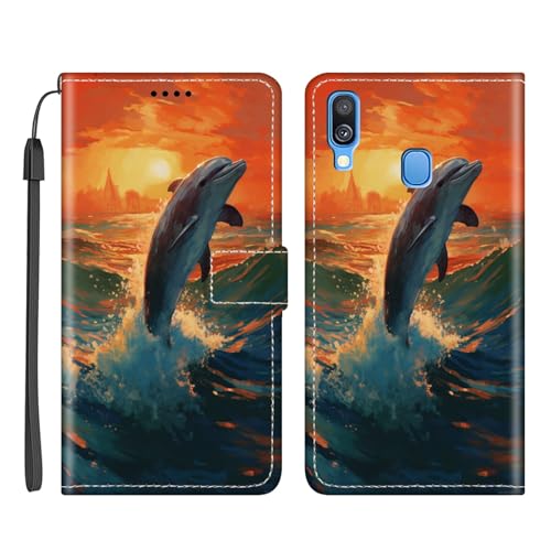Elgzigok Wallet Case Suitable for Samsung Galaxy A40 with Dolphin-aa578 Pattern TPU Multiple Card Slots Protective Case with Magnetic Buckle Multicolor