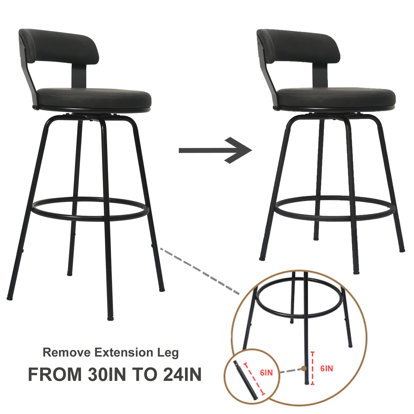 FERFALDER Bar Stools Set of 2-Metal Stools for Kitchen Counter PU Leather Barstools Swivel Bar Chairs for Dining Cafe,Metal Footrest,24” Grey