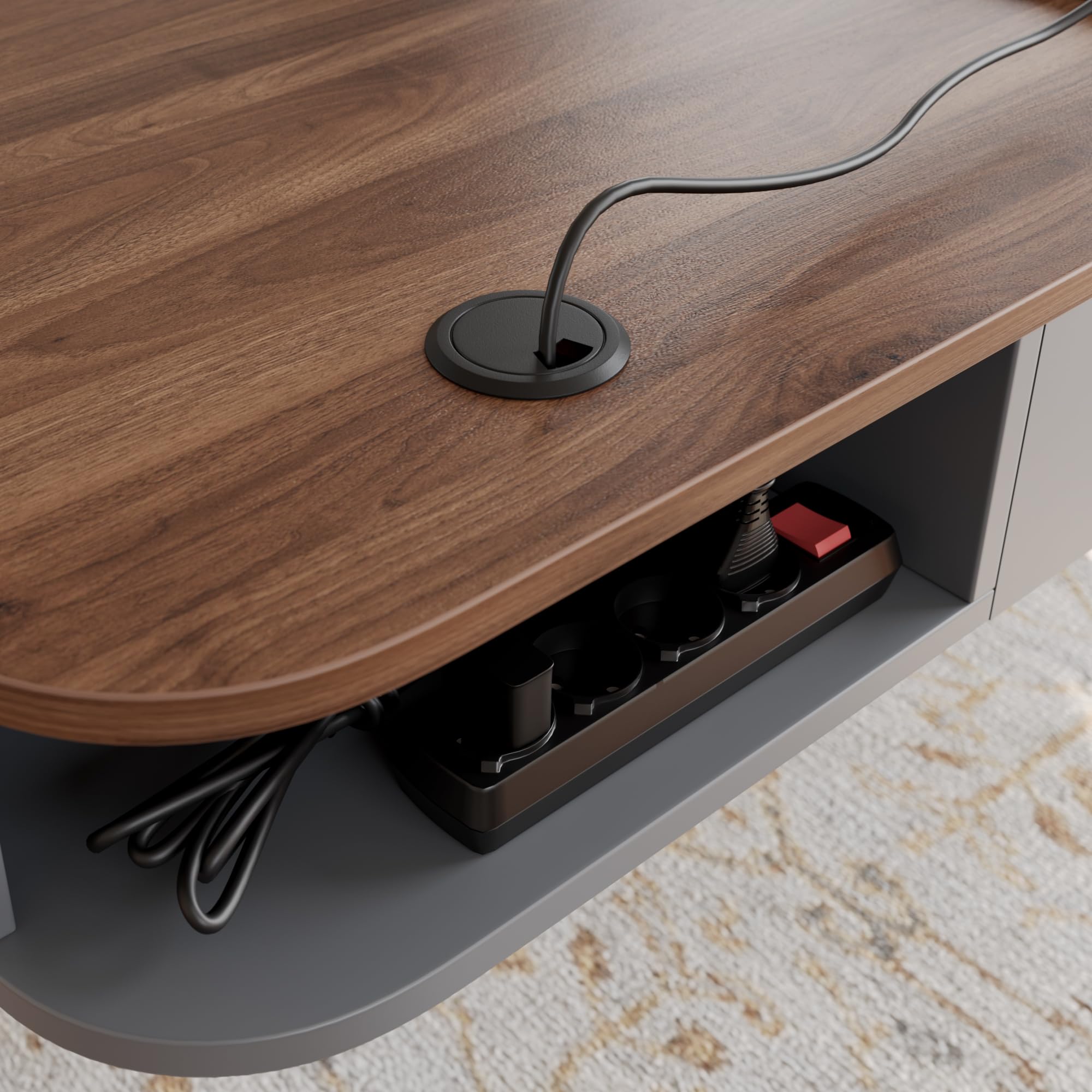 FEZIBO Whole Piece Mid Century Modern Electric Standing Desk with Drawer and Open Storage, 48 x 24 Inches Sit Stand Home Office Desk, Haze Blue Walnut(2 Packages)