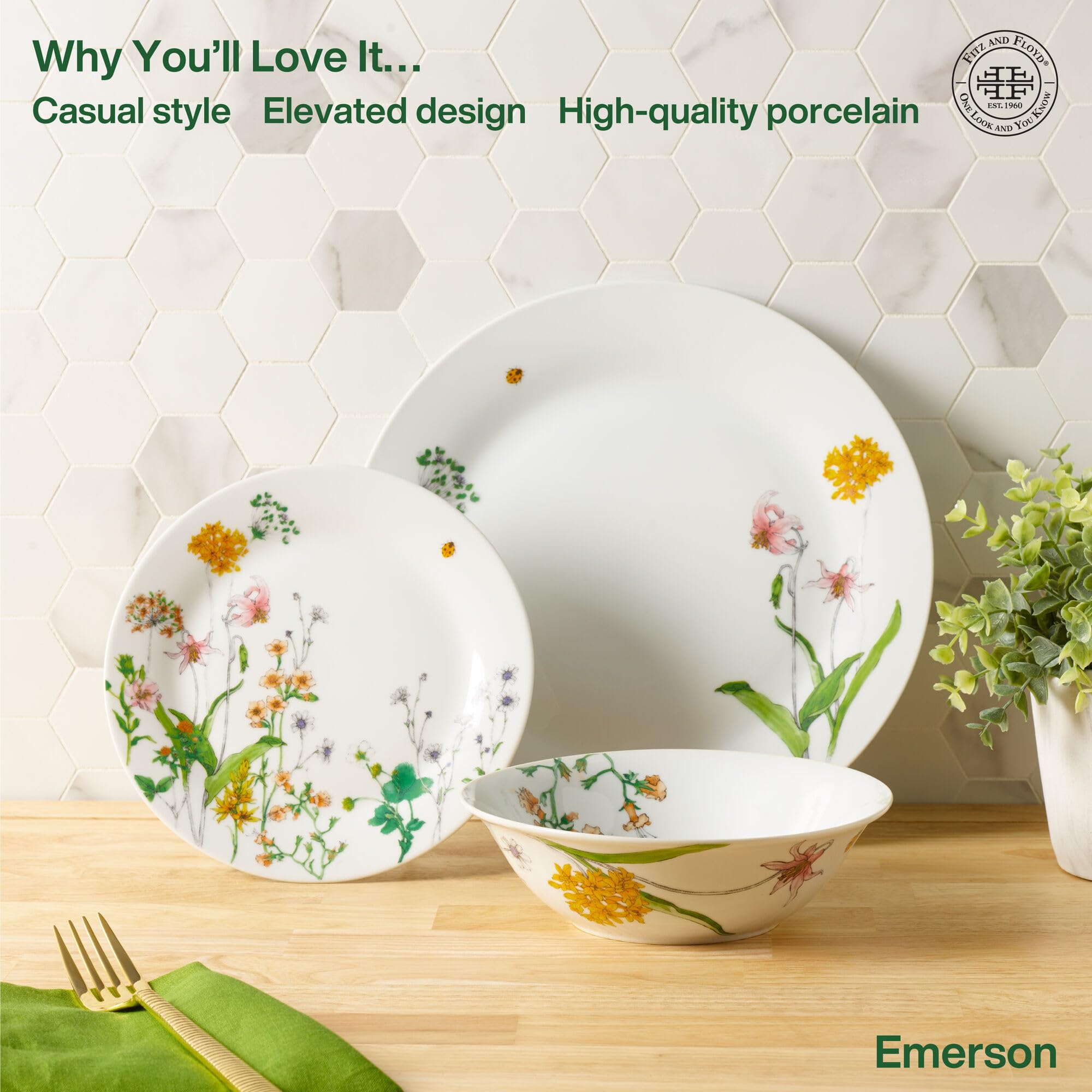 Fitz & Floyd Emerson Porcelain Dinnerware Set, Floral, Service for 8, 24 Pieces