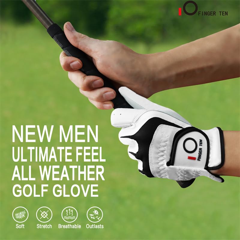 FINGER TEN Golf Gloves Men Right Left Handed Golfer 3/6 Pack Mens Golf Glove Left Right Hand Soft Cabretta Leather All Weather Grip Size S M ML L XL (White-3 Pack, Medium, Left)