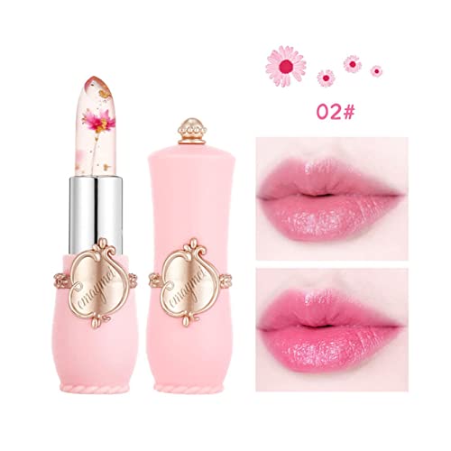 paminify 2Pcs Jelly Clear Crystal Flower Magic Lipstick Tinted Lip Balm Nourishing Moisturizing Lip Stick labial magicos,pink