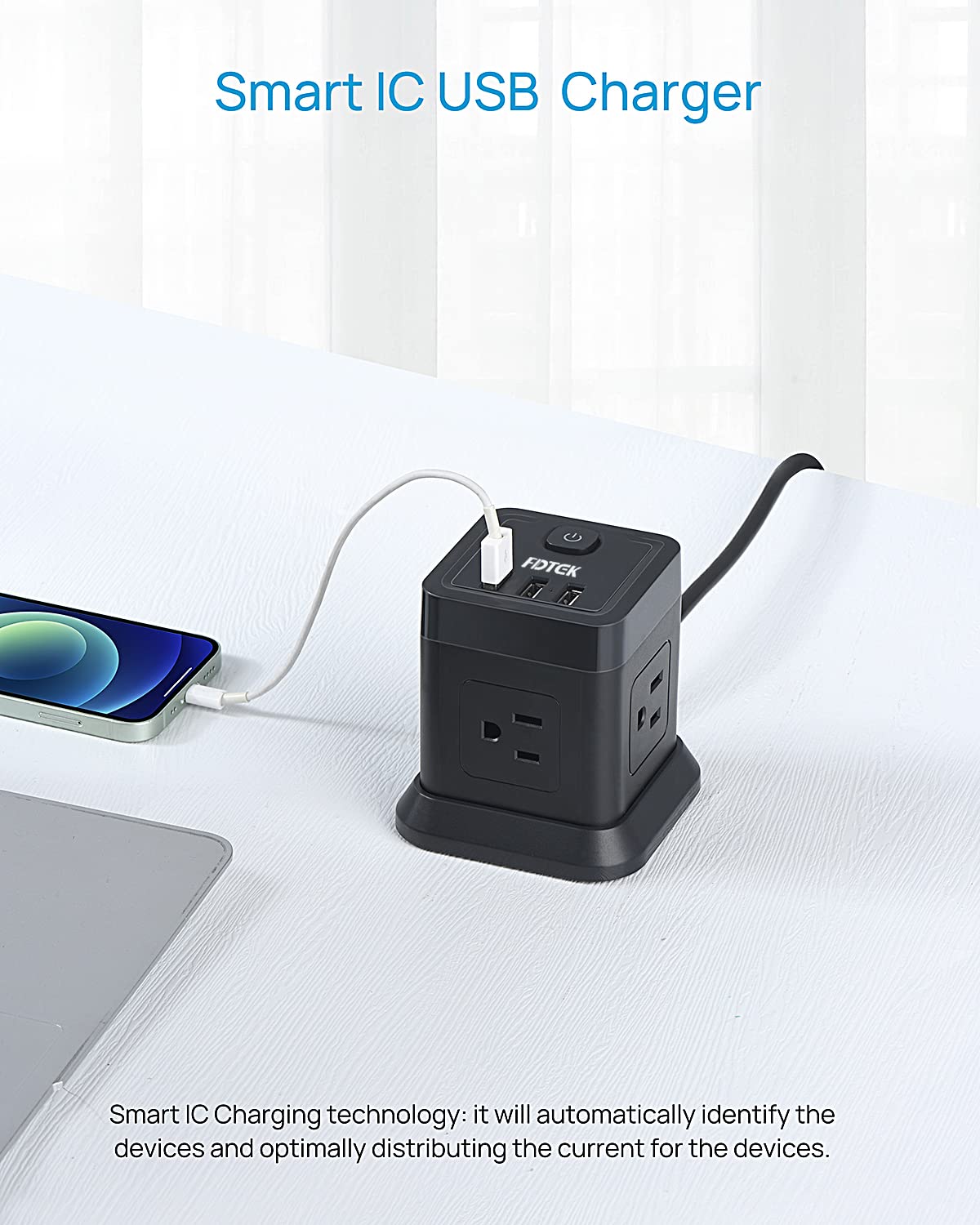 Power Strip with USB, FDTEK Flat Plug Extension Cord with 4 AC and 3 USB, 5 FT Power Cord Desktop Charging Station, Overload Protection, Compact Portable for Travel Home Office Cruise Ship - Black