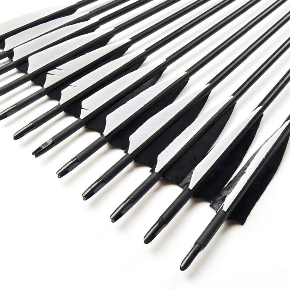 EROCK Carbon Shaft Archery Arrows 32inch with Black-White True Feather Spine 500 for Recurve Compound Bow Hunting Shooting Target Practice (6 Pack)