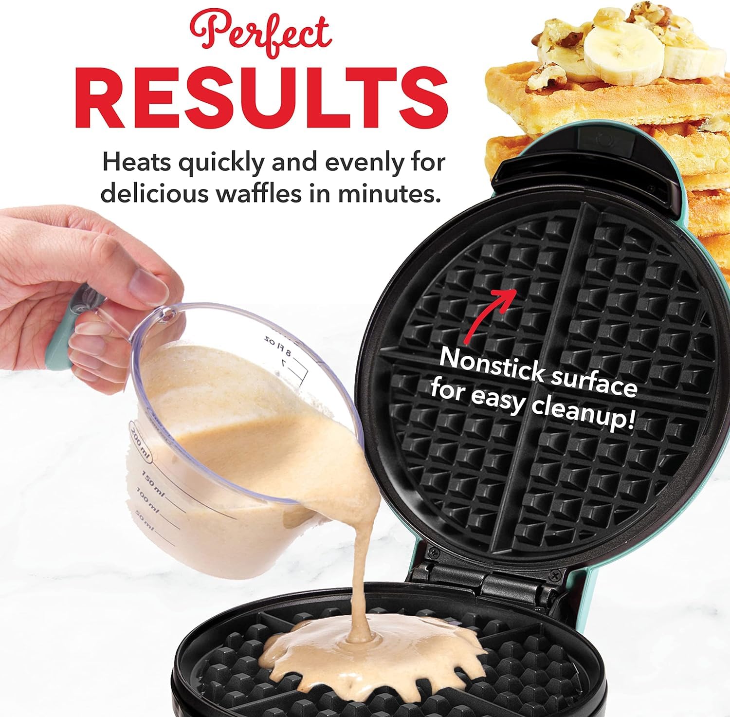 Mini Maker for Individual Waffles, Hash Browns, Keto Chaffles with Easy to Clean, Non-Stick Surfaces, 4 Inch, Waffles in Minutes (Aqua)