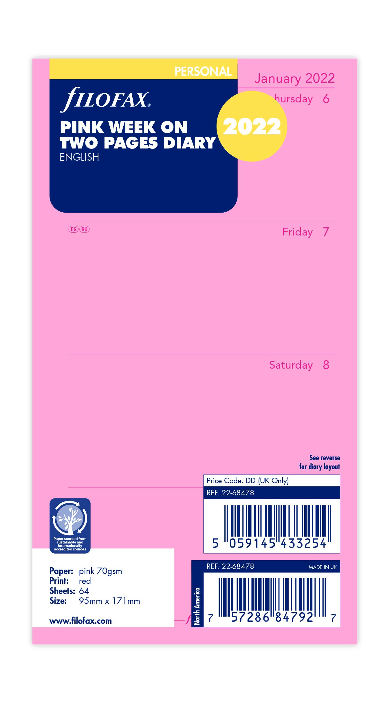 Filofax Personal Week on Two Pages English 2022 Diary - Pink, 22-68478