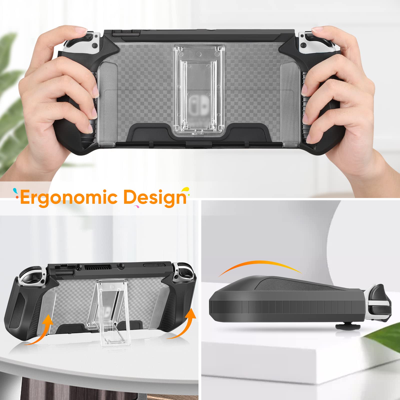 Fintie Case for Nintendo Switch OLED Model 2021 w/Fixed Stand, [Shock Proof] Protective Cover w/Hard Matte Clear Back Panel & Soft TPU Bumper, Ergonomic Grip for Switch OLED Model Console, Black