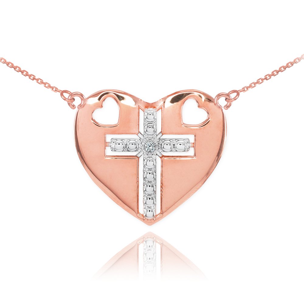 Fine 14k Two Tone Rose Gold Heart Cross Diamond Pendant Necklace, 18"