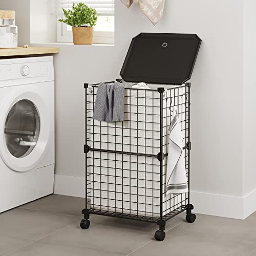 WOWLIVE Iron Wire Laundry Hamper with Lid, Foldable Laundry Basket with Wheels and Removable bags,Collapsible Dirty Clothes Hamper Organizer Dorm Room Storage for Bedroom, Bathroom (Black)