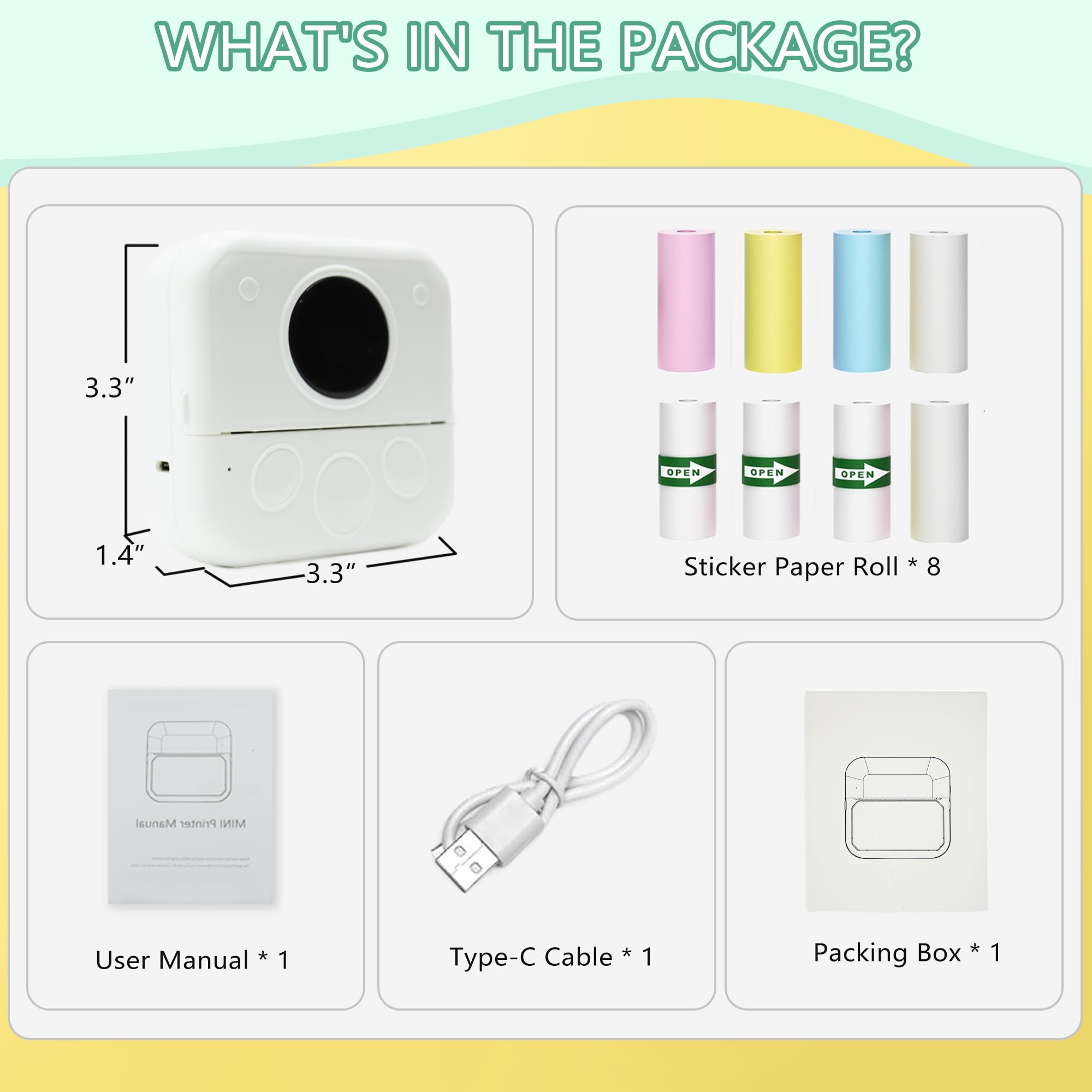 Mini Printer Sticker Maker, Inkless Sticker Printer, Portable Mini Thermal Printer with 8 Rolls Thermal Paper and Sticker For Ios & Android, Bluetooth Pocket Phone Printer for Notes & Children Diy