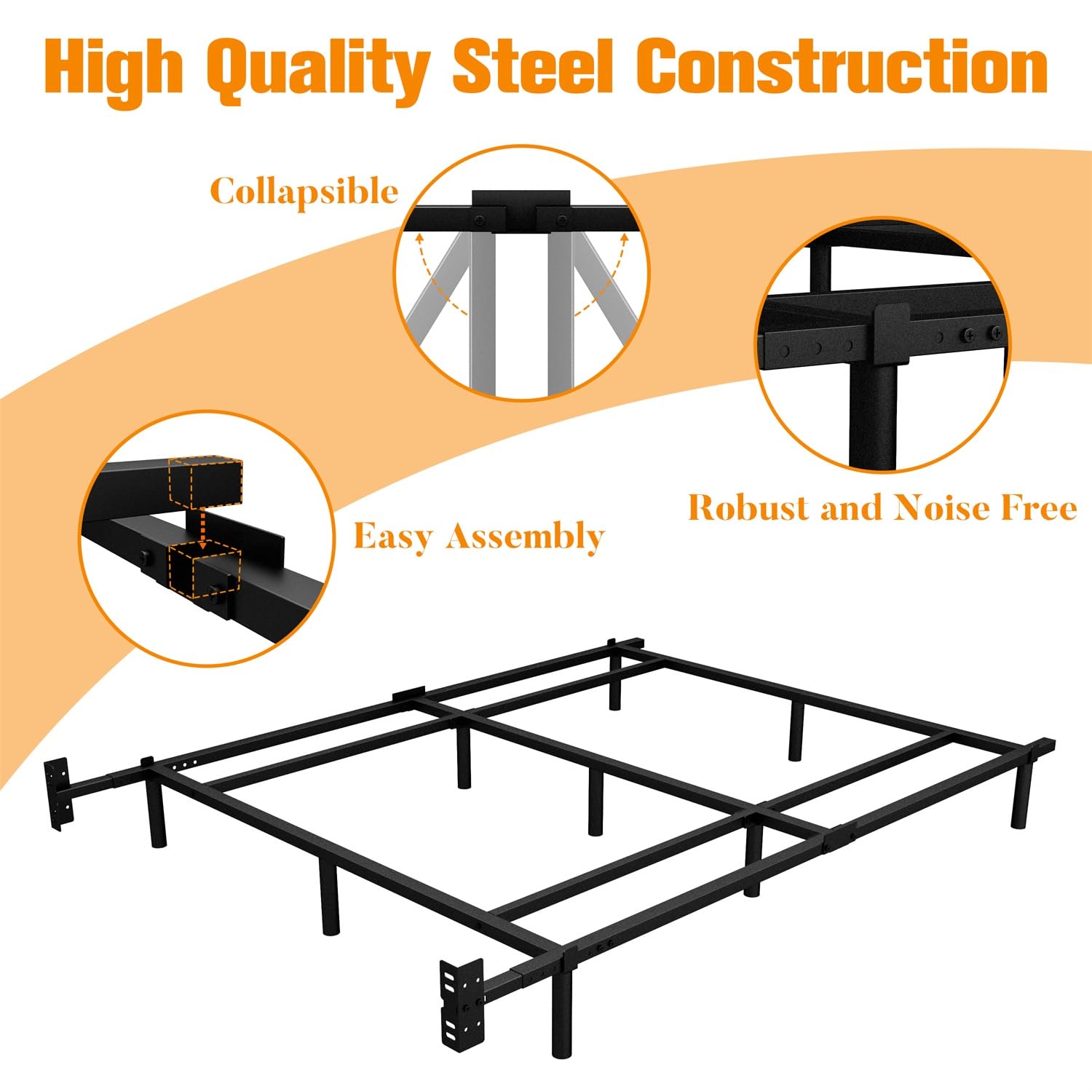 UJUJIA Queen Bed Frame, 7 Inch Low Heavy Duty Metal Platform Bed Frames Queen Size for Box Spring and Mattress, Easy Assembly, Noise-Free, Adjustable, Black