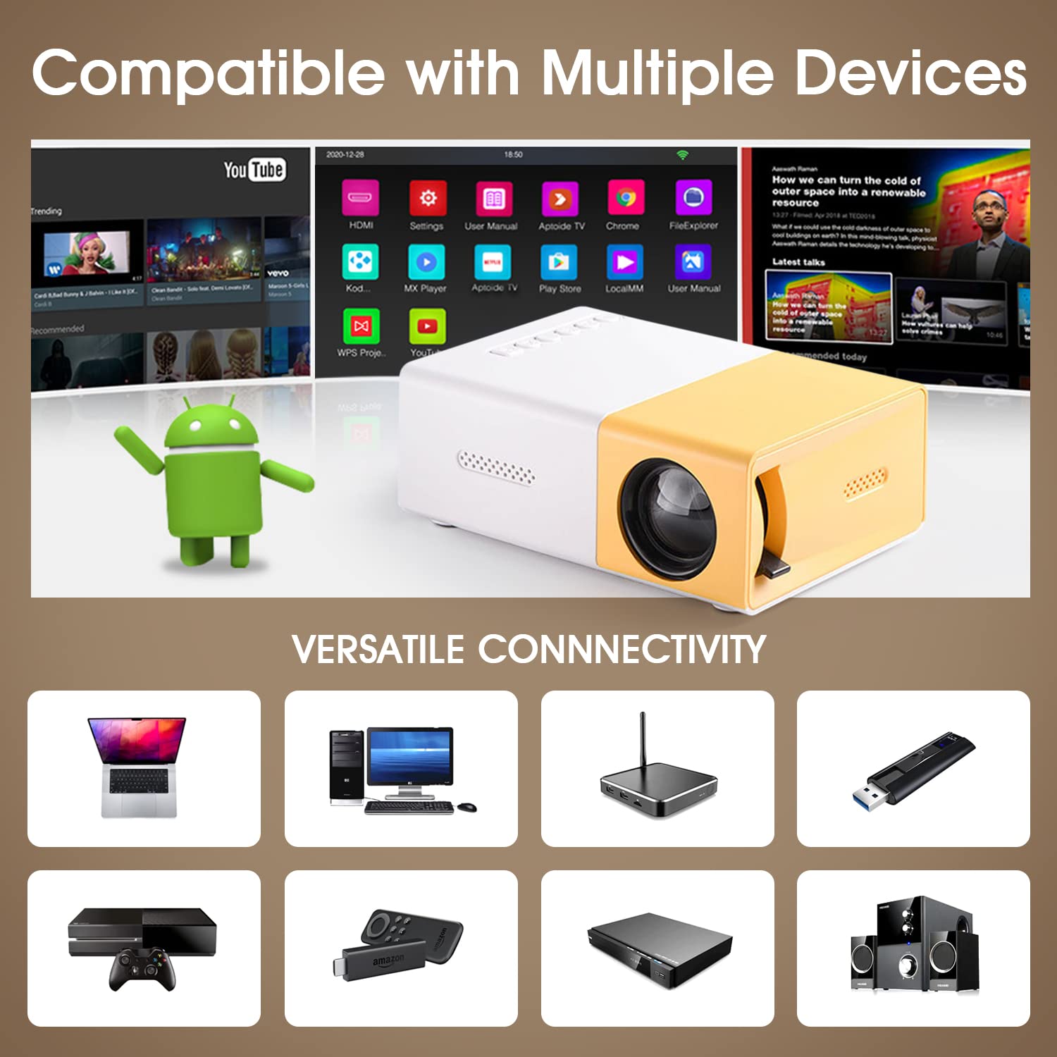 Mini Projector, Small Portable Projector for Cartoon, Kids Gift,Intelligent Home Projector with Apple Conversion Cable,Movie Projector Compatible with HDMI,USB,Audio,TF Card,AV and Remote Control